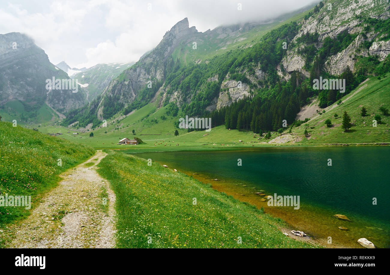 Landschaften Schuß von seealpsee See, im Alpstein Berge in Appenzell ...