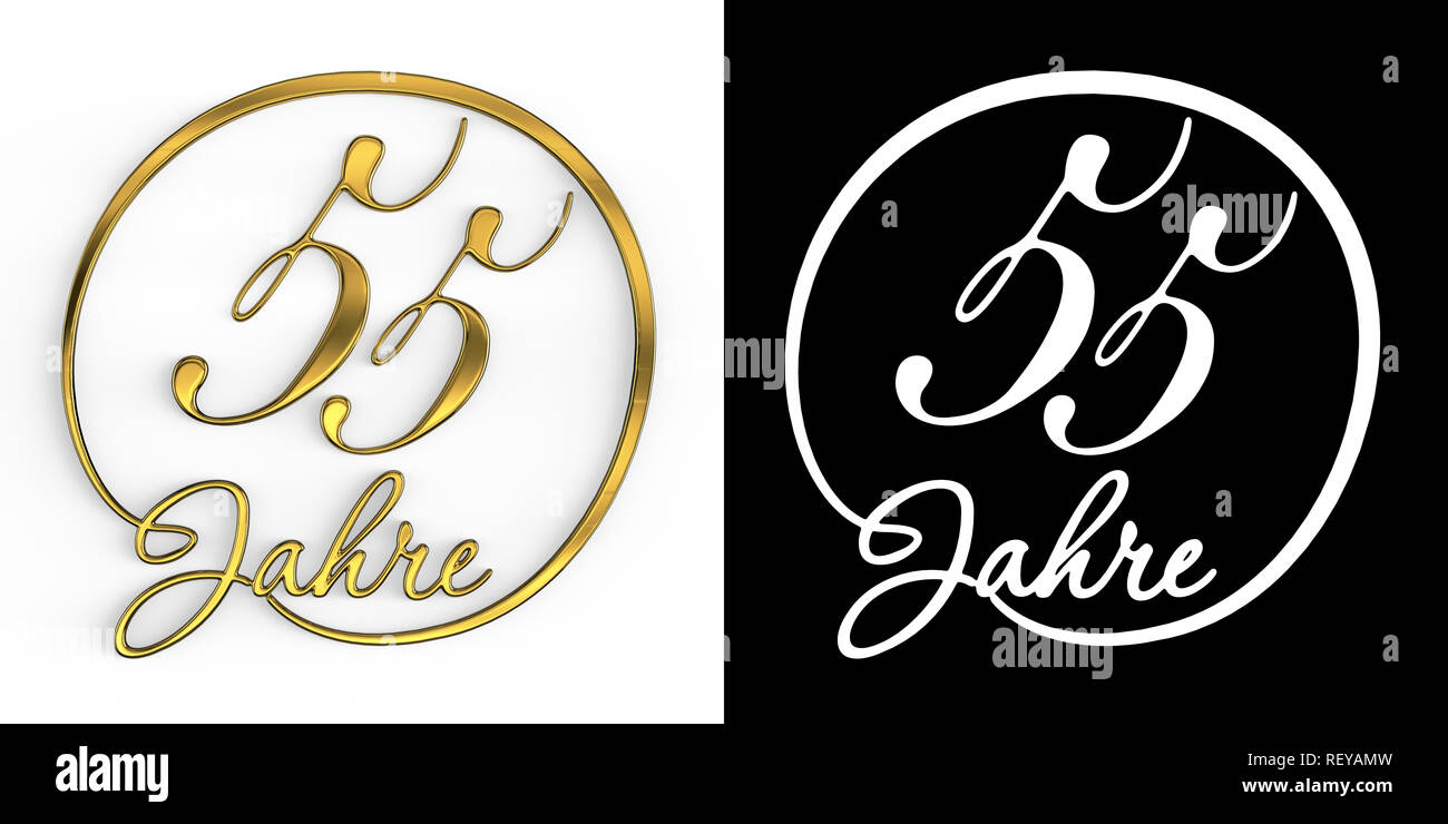 Goldene Zahl 55 Jahre (55 Jahre) in einem Kreis, Ansicht von oben, mit ...