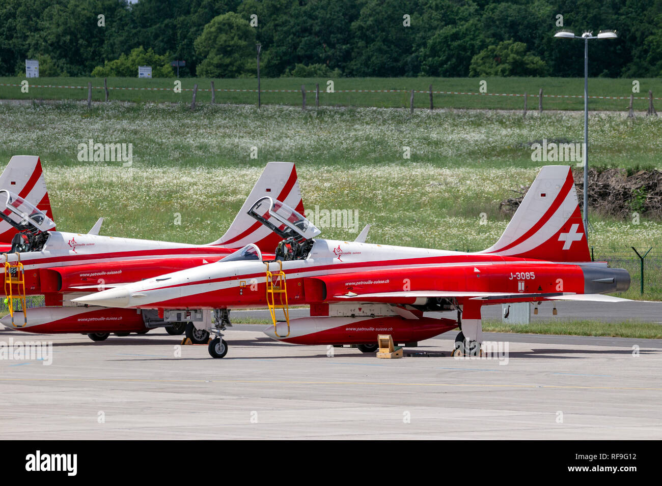 BERLIN, DEUTSCHLAND - Jun 2, 2016: Patrouille Suisse Team aerobatic Northrop F-5E Tiger II ...