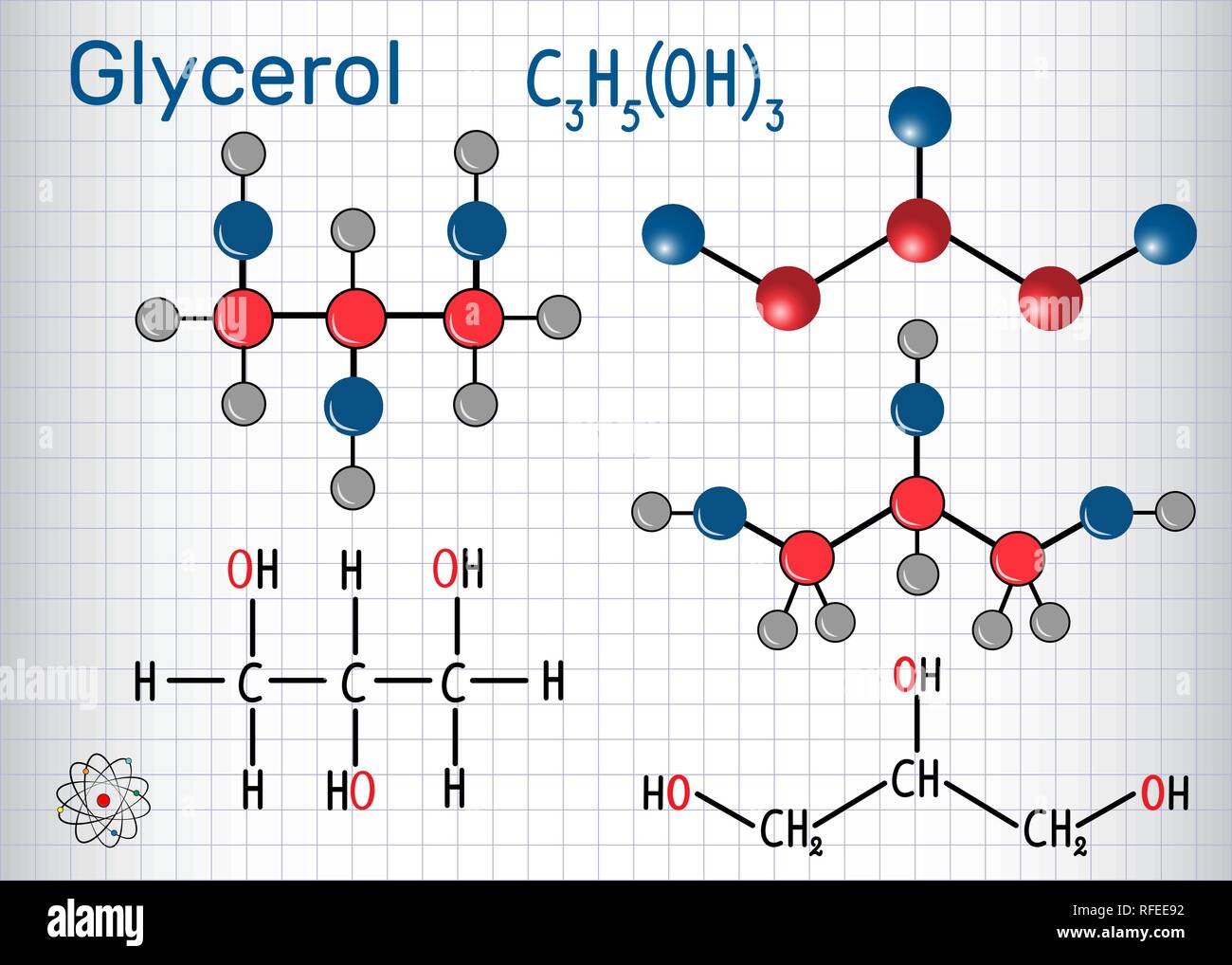 Glycerin (Glycerin) Molekül. Strukturelle chemische Formel und Molekül ...
