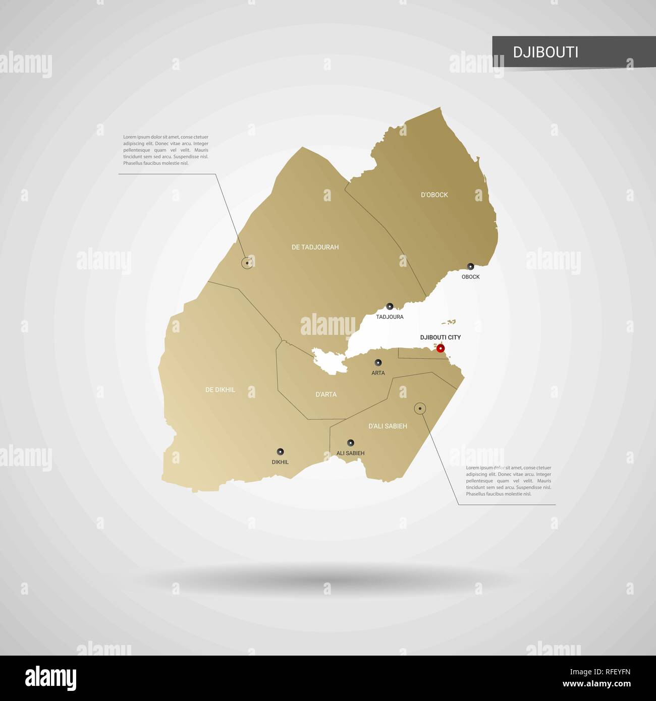 Stylized vector Dschibuti Karte. Infografik 3d Gold Karte Abbildung mit Städten, Ländergrenzen ...