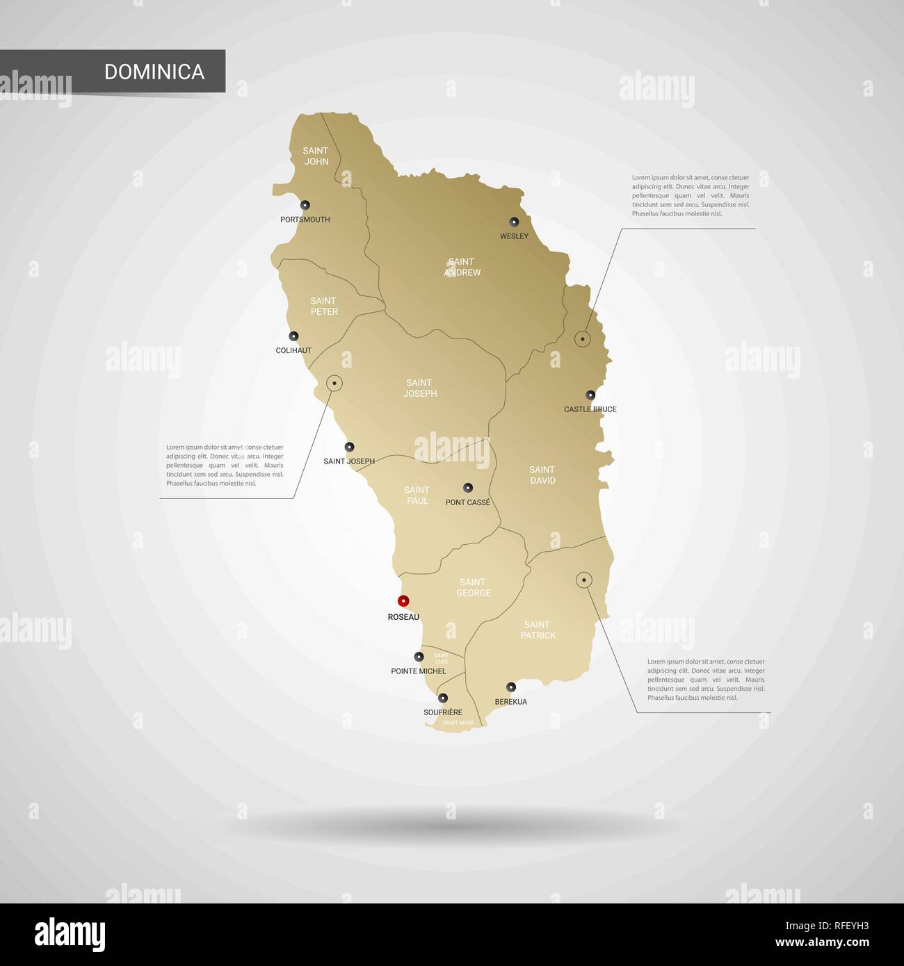 Stylized vector Dominica Karte. Infografik 3d Gold Karte Abbildung mit Städten, Ländergrenzen ...