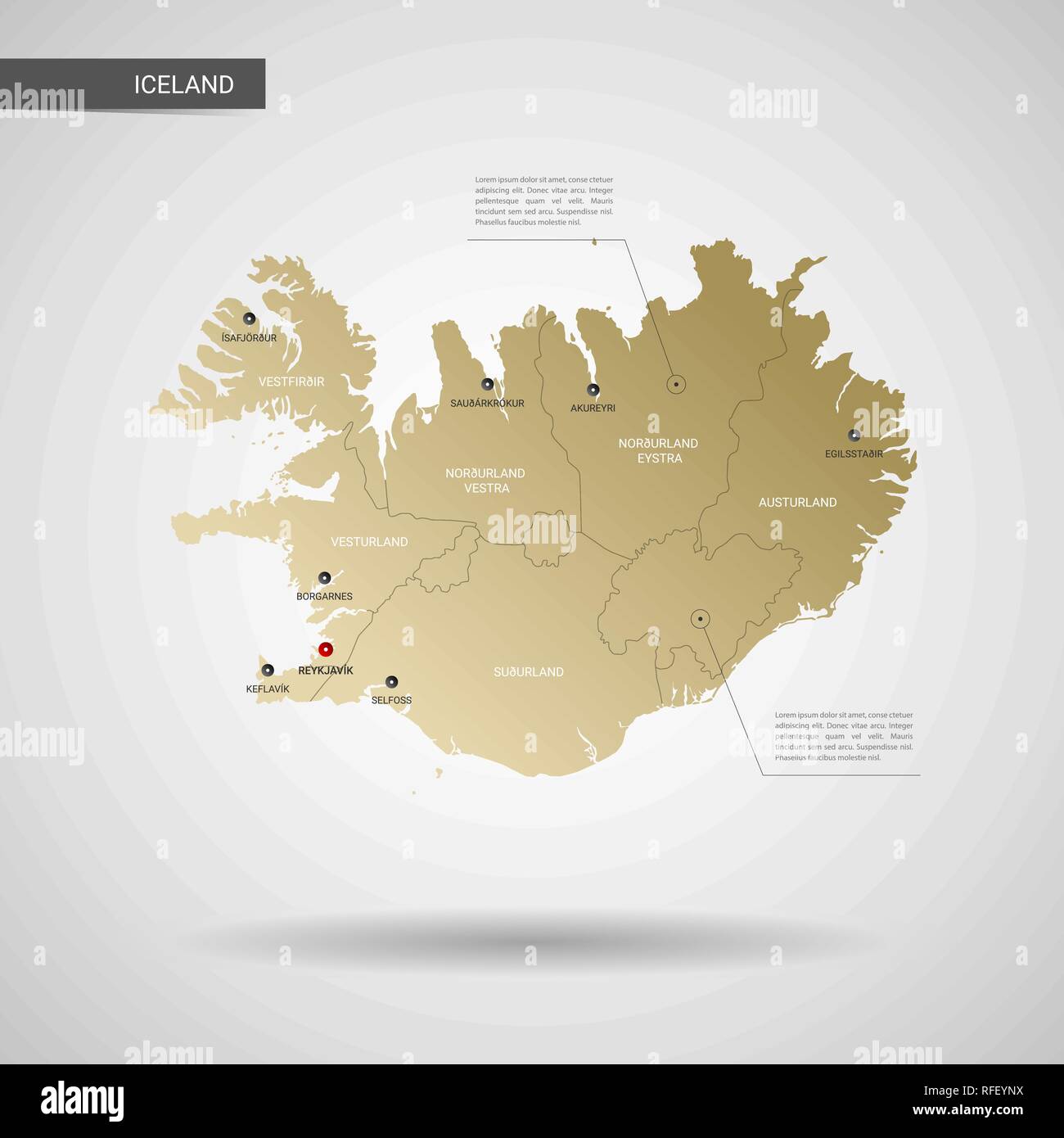 Stylized vector Island Karte. Infografik 3d Gold Karte Abbildung mit Städten, Ländergrenzen ...