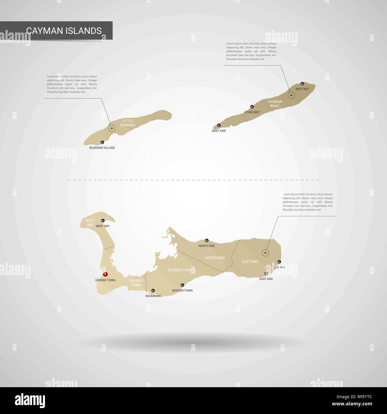 Stylized vector Cayman Inseln Karte. Infografik 3d Gold Karte Abbildung mit Städten ...