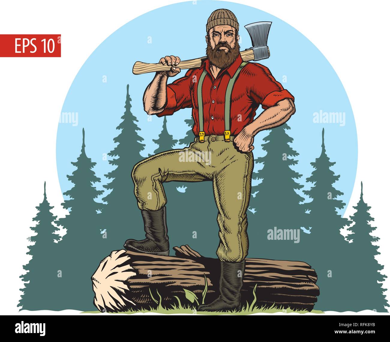 Holzhacker mit Axt und warf anmelden, Wald Hintergrund. Comic Stil ...