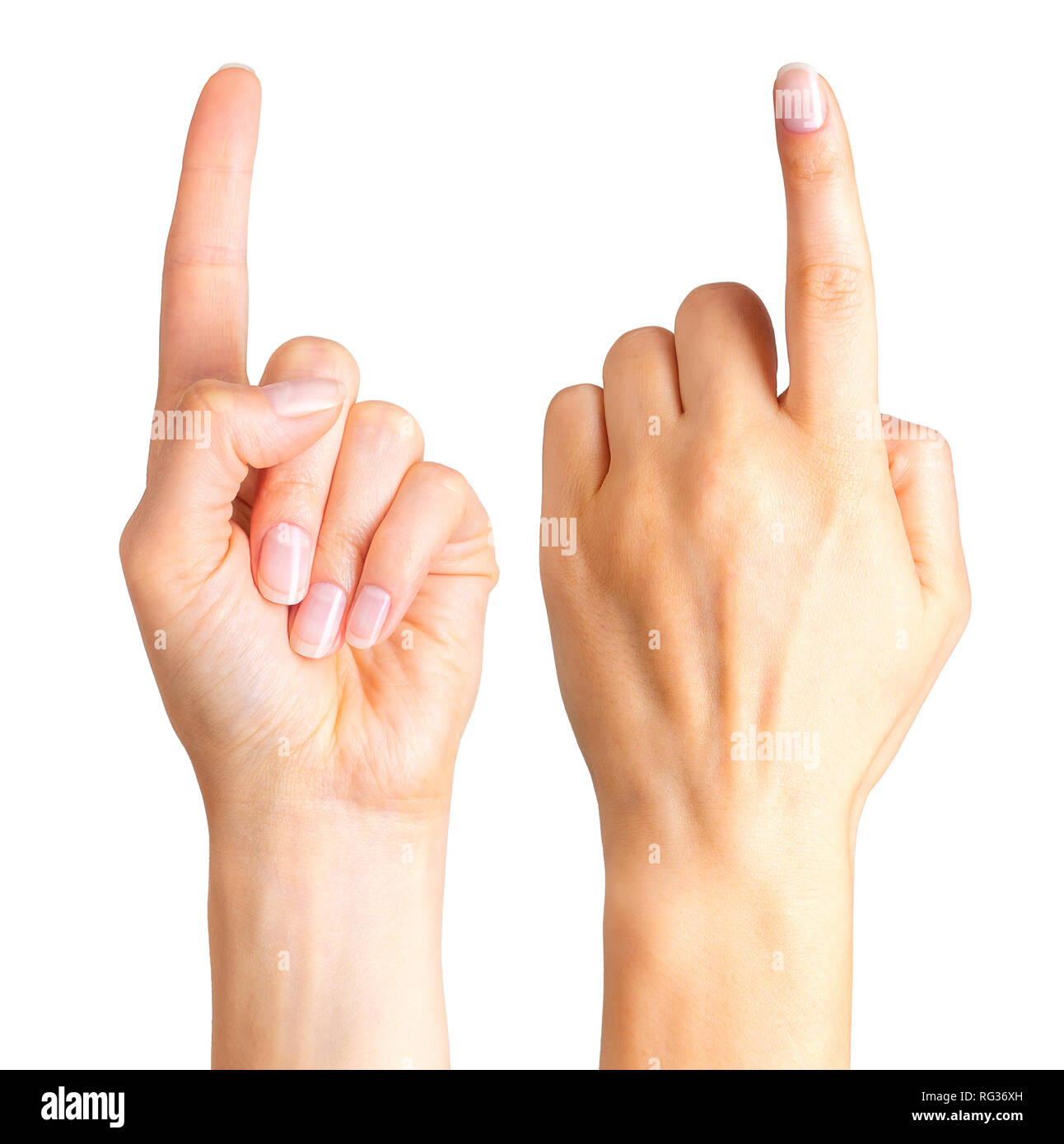 Frau Hände mit dem Zeigefinger nach oben Stockfotografie - Alamy