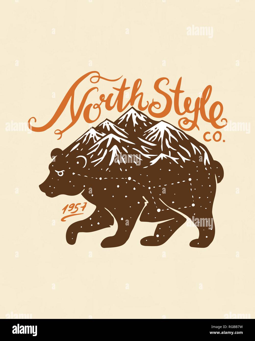 Brauner Bär und Berge Logo. Camping label. . Ausflug in den Wald ...