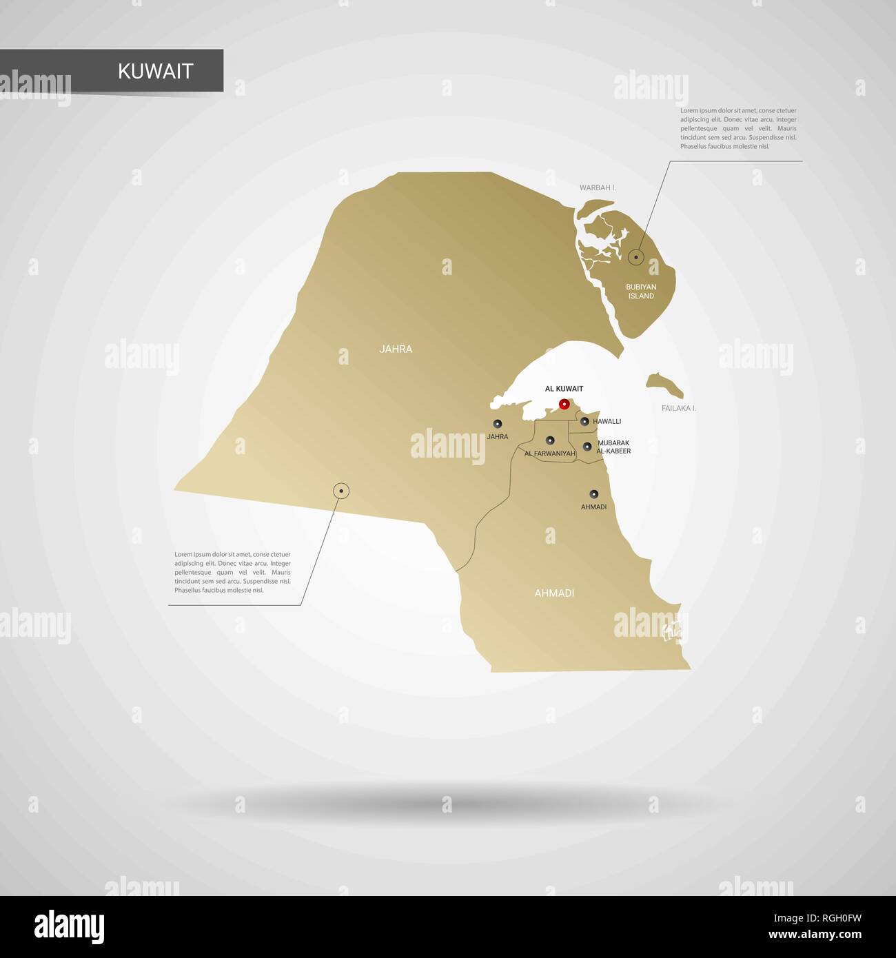 Stylized vector Kuwait Karte. Infografik 3d Gold Karte Abbildung mit Städten, Ländergrenzen ...