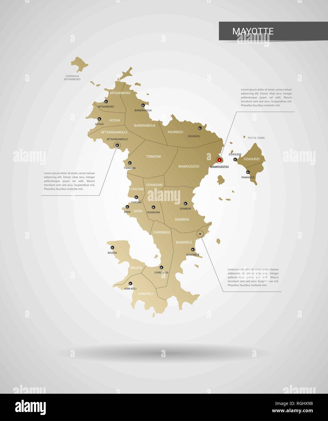 Stylized vector Mayotte Karte. Infografik 3d Gold Karte Abbildung mit Städten, Ländergrenzen ...