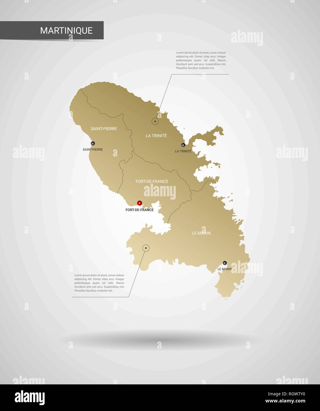 Stylized vector Martinique Karte. Infografik 3d Gold Karte Abbildung mit Städten, Ländergrenzen ...