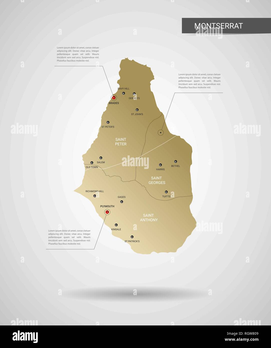 Stylized vector Montserrat Karte. Infografik 3d Gold Karte Abbildung mit Städten, Ländergrenzen ...