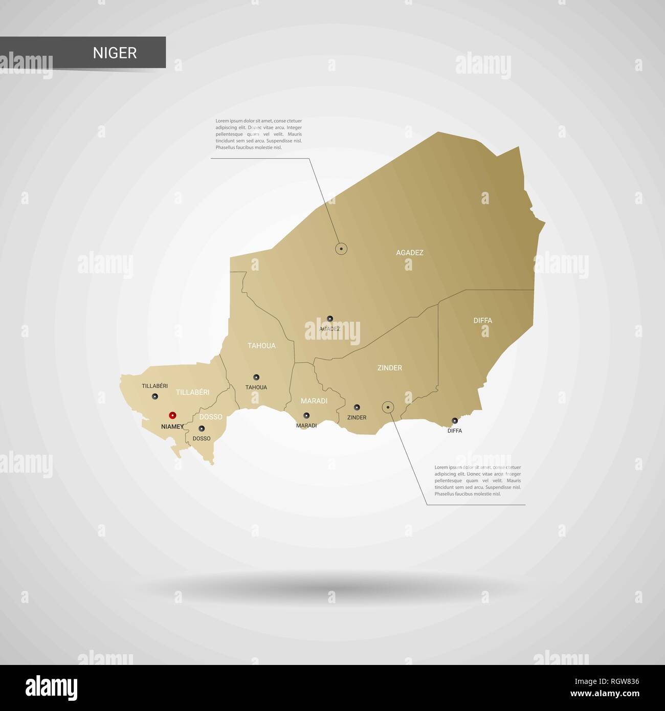 Stylized vector Niger Karte. Infografik 3d Gold Karte Abbildung mit Städten, Ländergrenzen ...