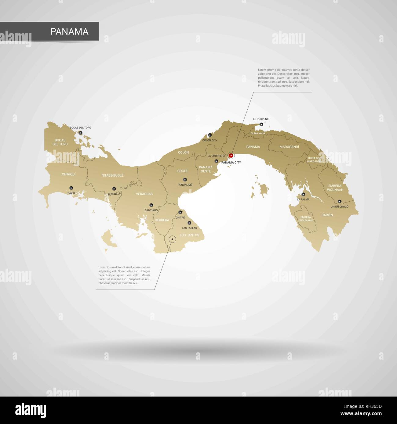 Stylized vector Panama Karte. Infografik 3d Gold Karte Abbildung mit Städten, Ländergrenzen ...