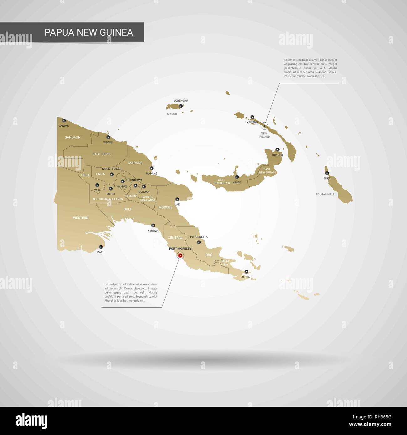 Stylized vector Papua-neuguinea Karte. Infografik 3d Gold Karte Abbildung mit Städten ...