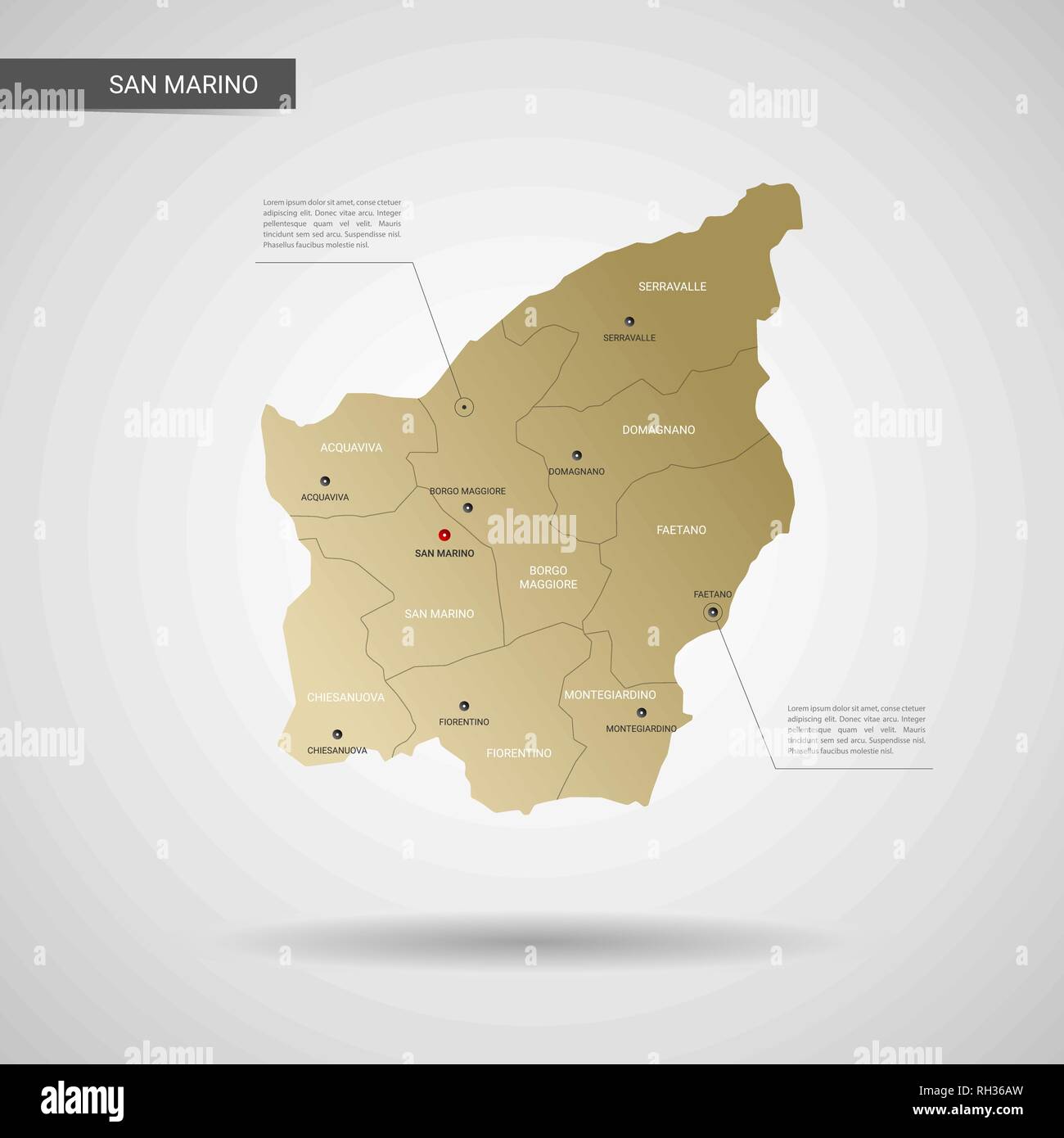 Stylized vector San Marino Karte. Infografik 3d Gold Karte Abbildung mit Städten, Ländergrenzen ...