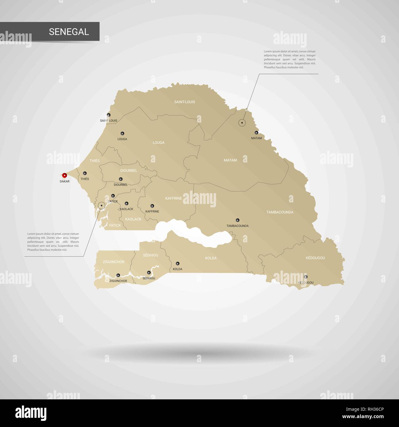 Stylized vector Senegal Karte. Infografik 3d Gold Karte Abbildung mit Städten, Ländergrenzen ...