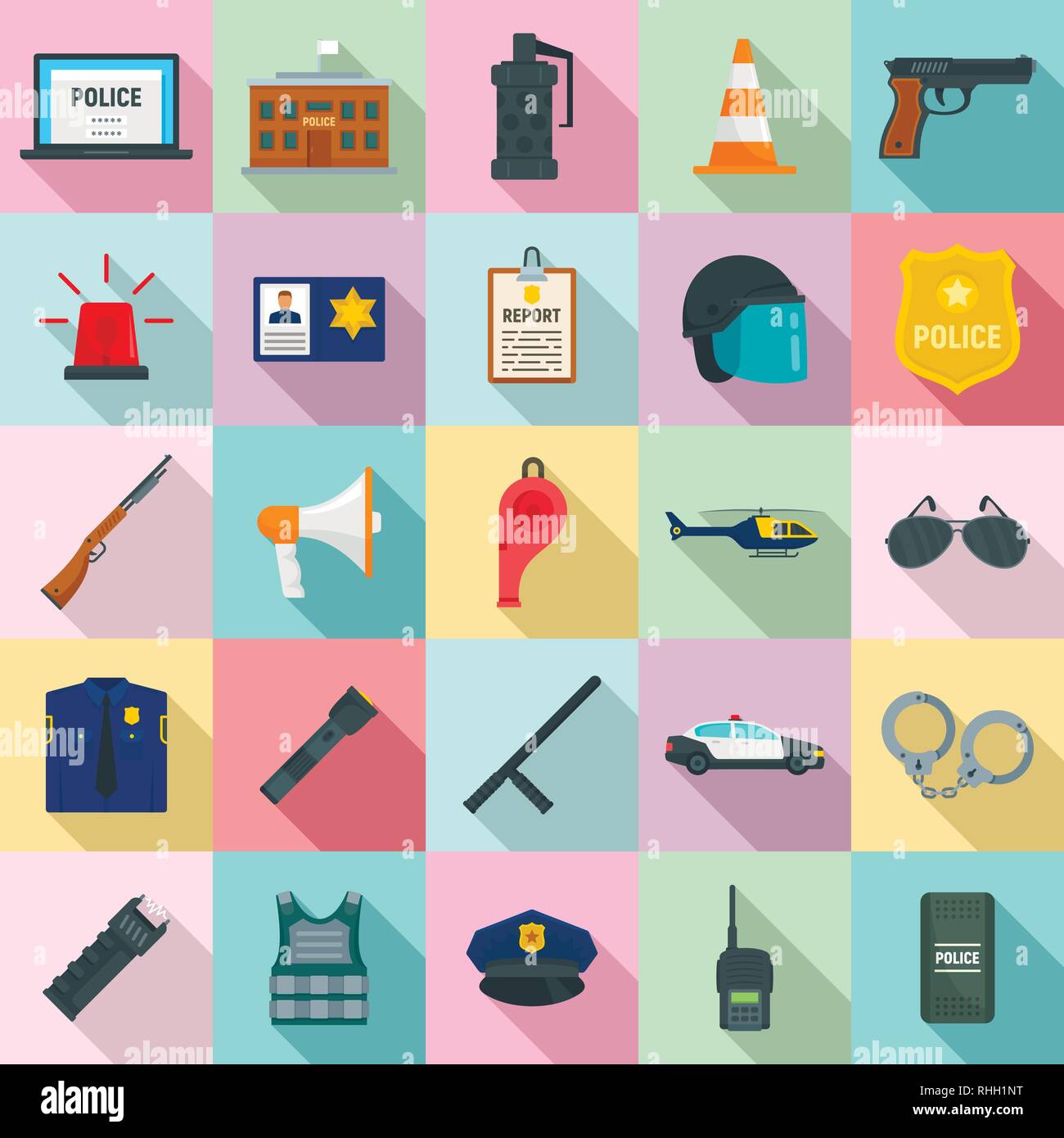 Polizei Ausrüstung Symbole gesetzt. Flachbild von Polizeikräften Vector ...