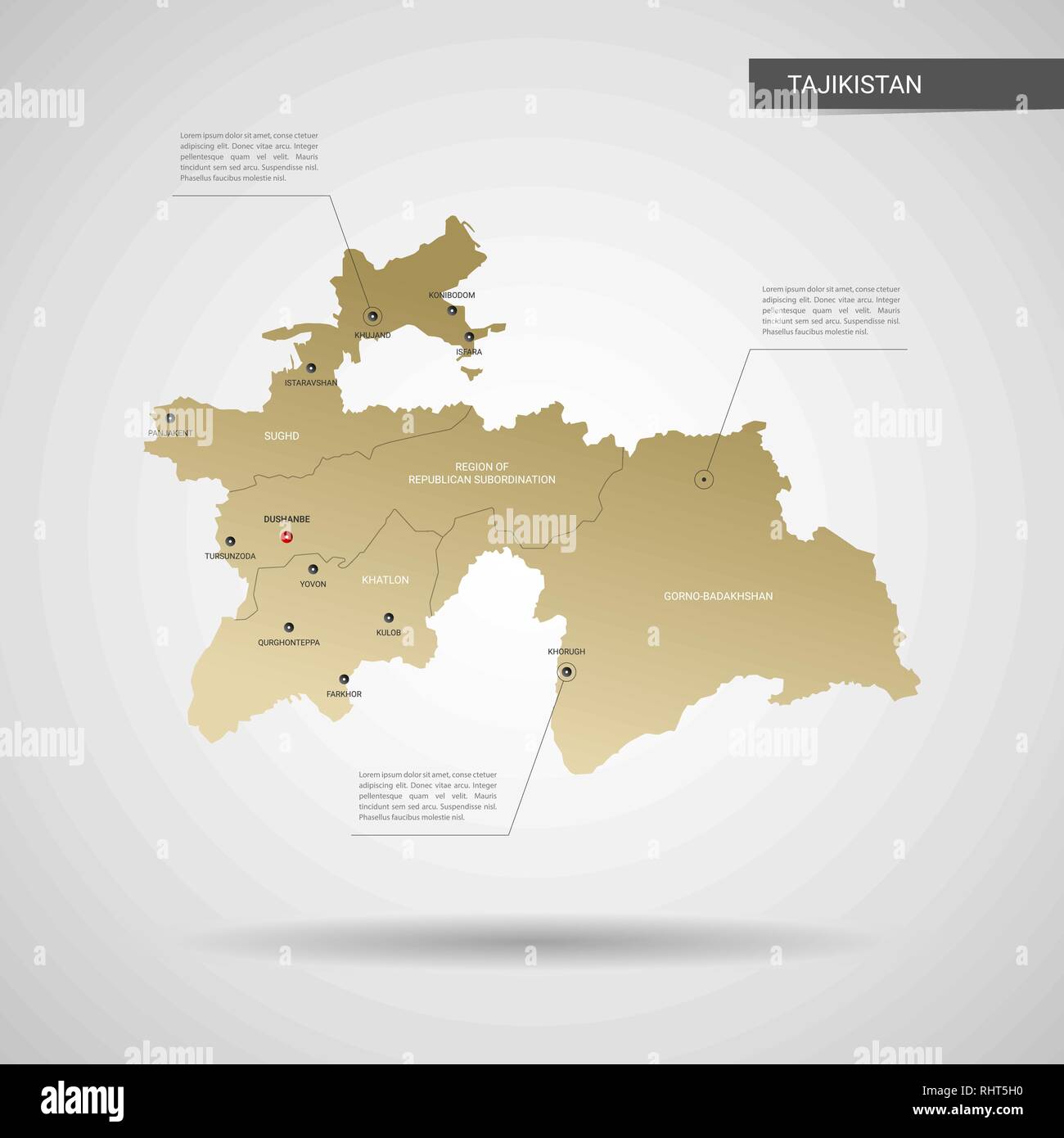 Stylized vector Tadschikistan Karte. Infografik 3d Gold Karte Abbildung mit Städten ...