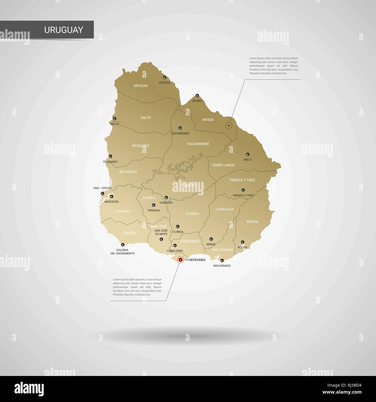 Stylized vector Uruguay Karte. Infografik 3d Gold Karte Abbildung mit Städten, Ländergrenzen ...