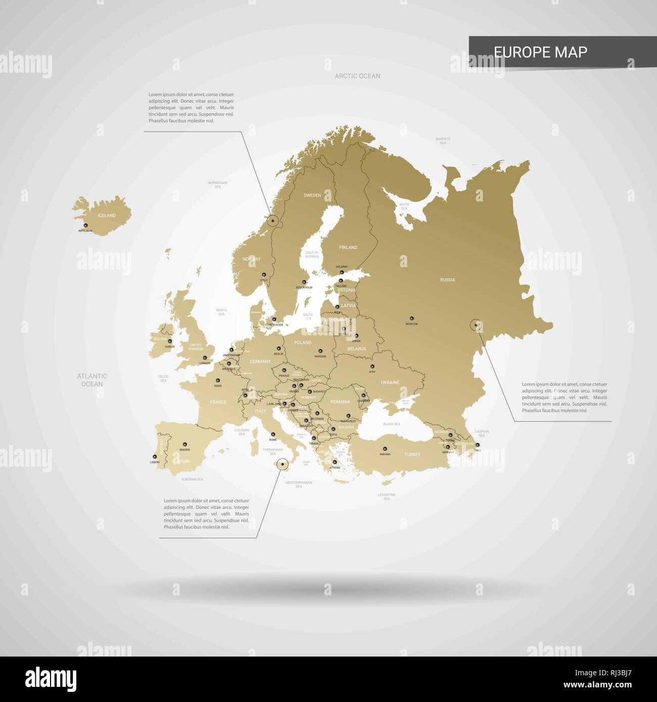 Stylized vector Europa Karte. Infografik 3d Gold Karte Abbildung mit Städten, Ländergrenzen ...
