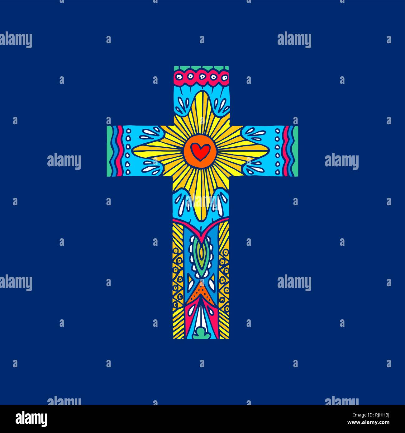 Kreuz des Herrn und Retters Jesus Christus Hand gezeichnet. Doodle und gestalterische Elemente ...