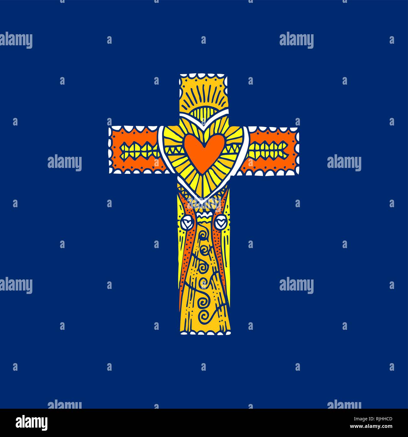 Kreuz des Herrn und Retters Jesus Christus Hand gezeichnet. Doodle und gestalterische Elemente ...