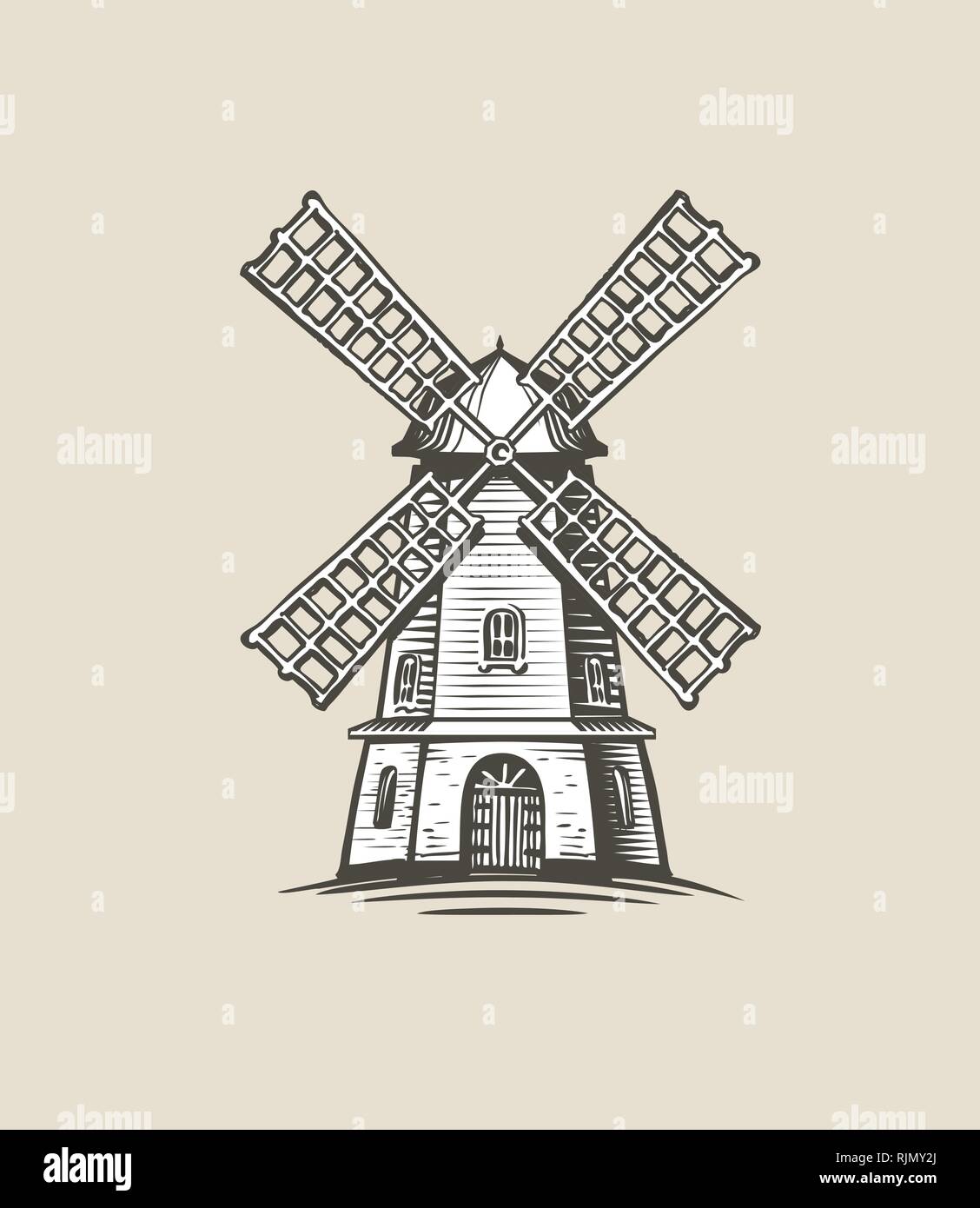 Mühle, Mühle Logo oder Label. Agrar, Landwirtschaft Symbol. Skizze ...