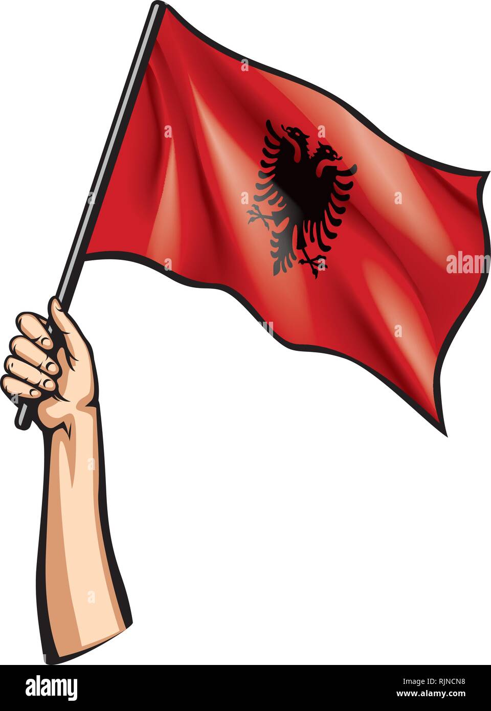 Albanien Flagge und Hand auf weißem Hintergrund. Vector Illustration ...