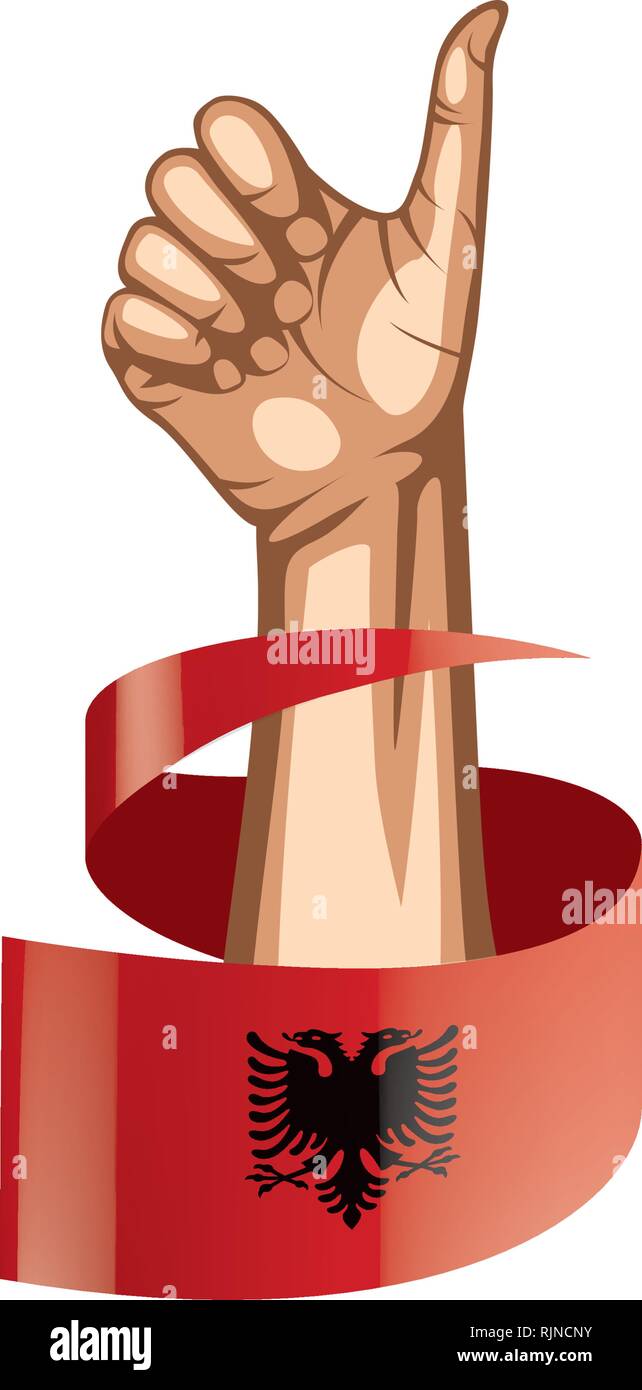 Albanien Flagge und Hand auf weißem Hintergrund. Vector Illustration ...