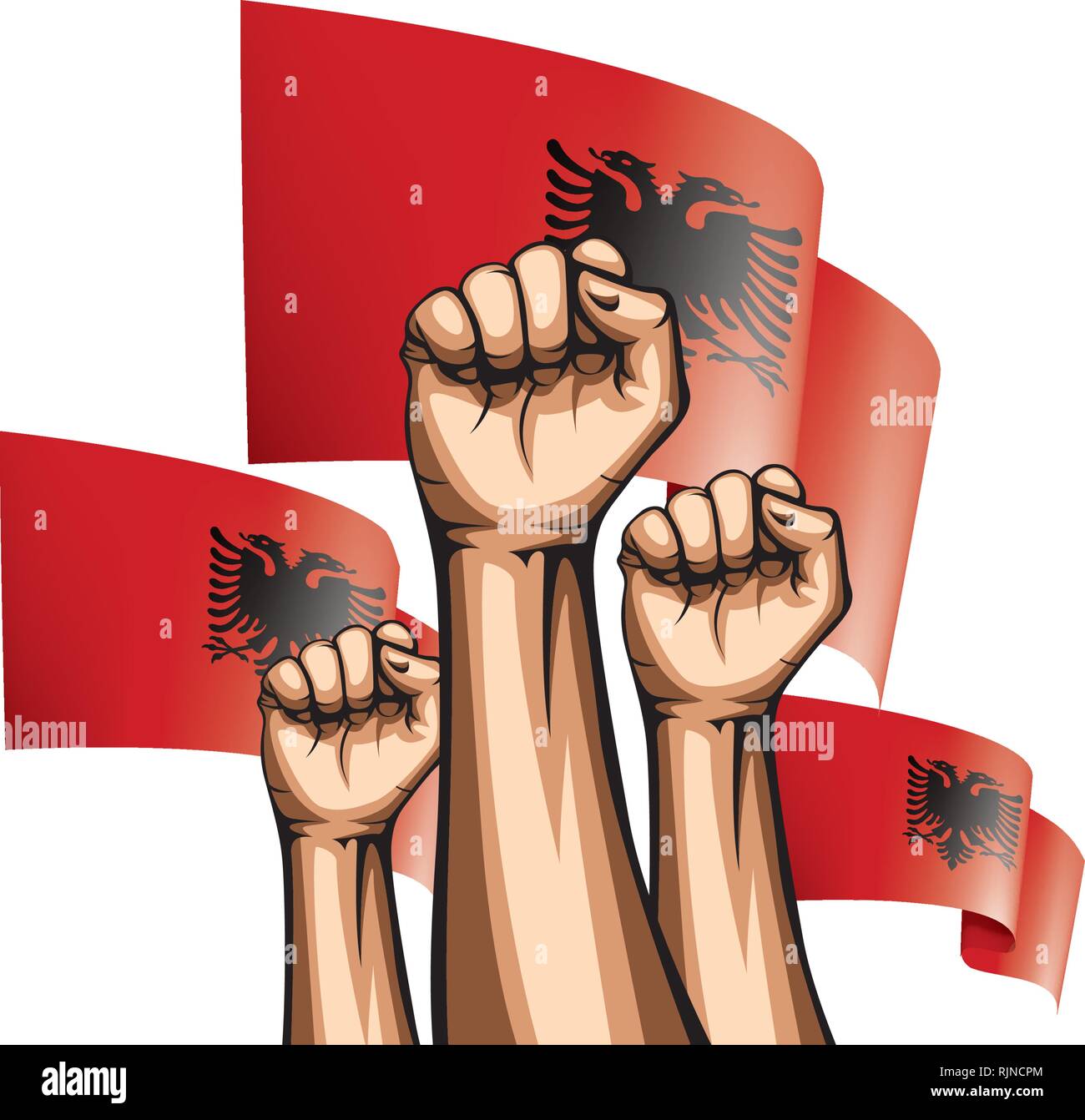Albanien Flagge und Hand auf weißem Hintergrund. Vector Illustration ...