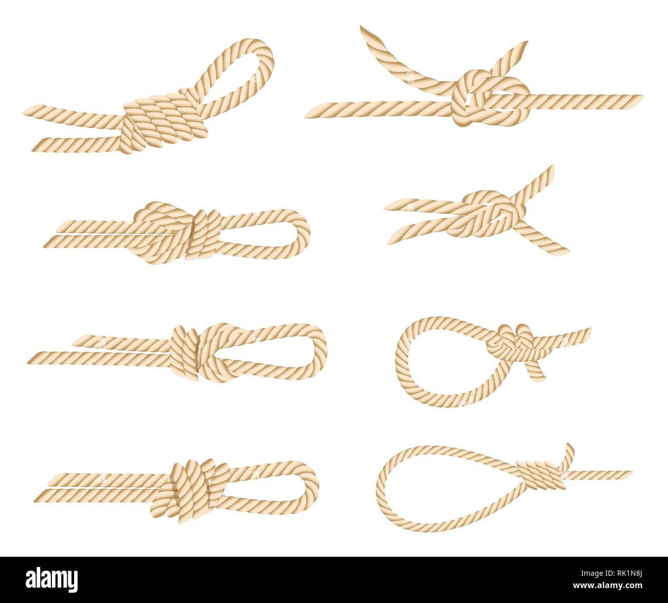 Eingestellt von nautischen Seil Knoten. Gelbes Seil. Starke marine Seil ...