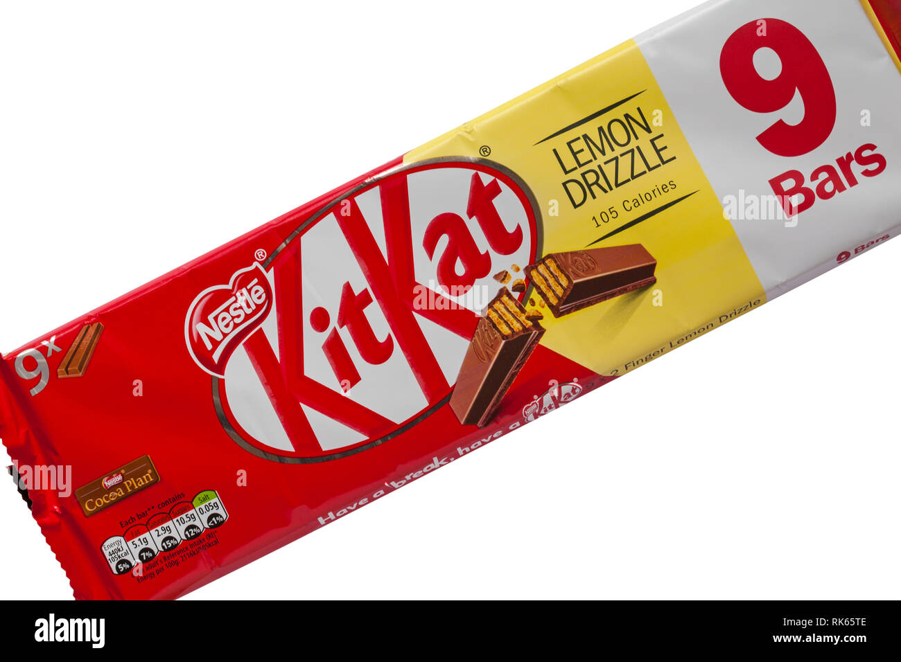 Pack von Nestle lemon drizzle KitKat 9 Balken auf weissem Hintergrund - Kit Kat kitkats kit Kats ...