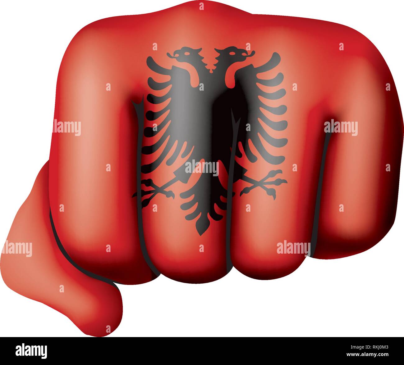 Albanien Flagge und Hand auf weißem Hintergrund. Vector Illustration ...