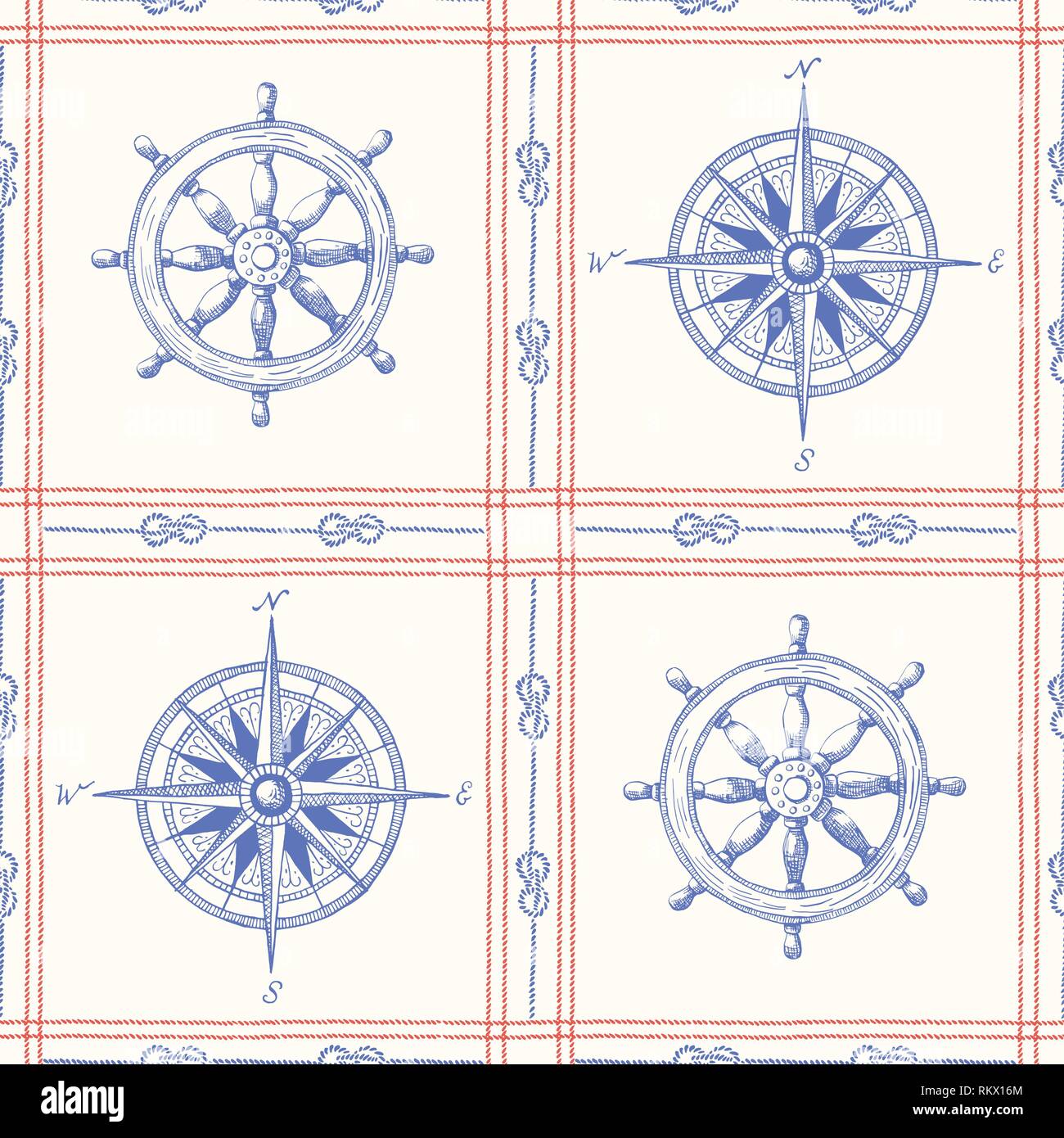 Vintage nautische Hand-Drawn Schiffs Steuerrad und Meer Kompass mit ...
