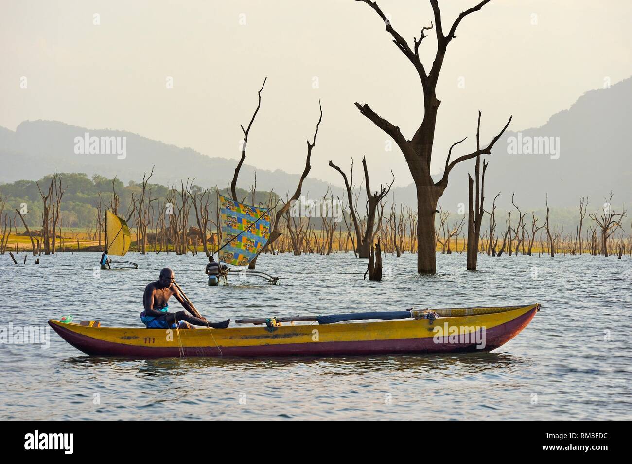 Fischer mit einer Piroge auf dem Senanayake Samudraya See, Gal Oya ...