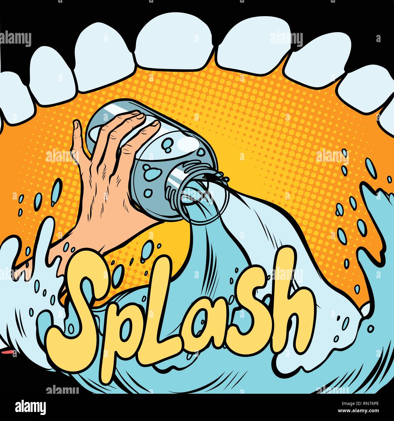 Blick aus dem Mund. erfrischende Wasser trinken, SIP. Flasche. Comic ...