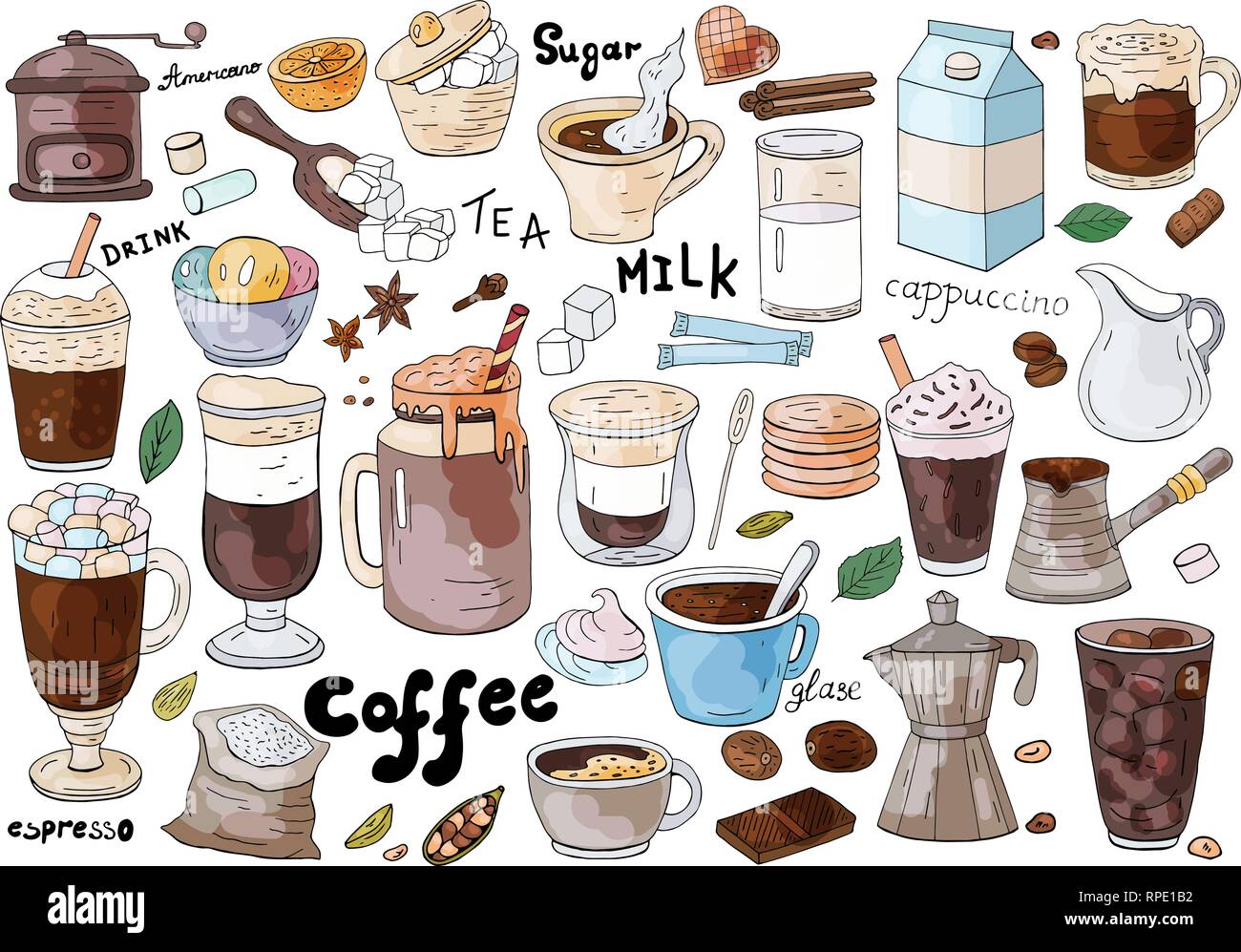 Satz von Hand gezeichnet verschiedene Arten von Kaffee auf dem weißen ...