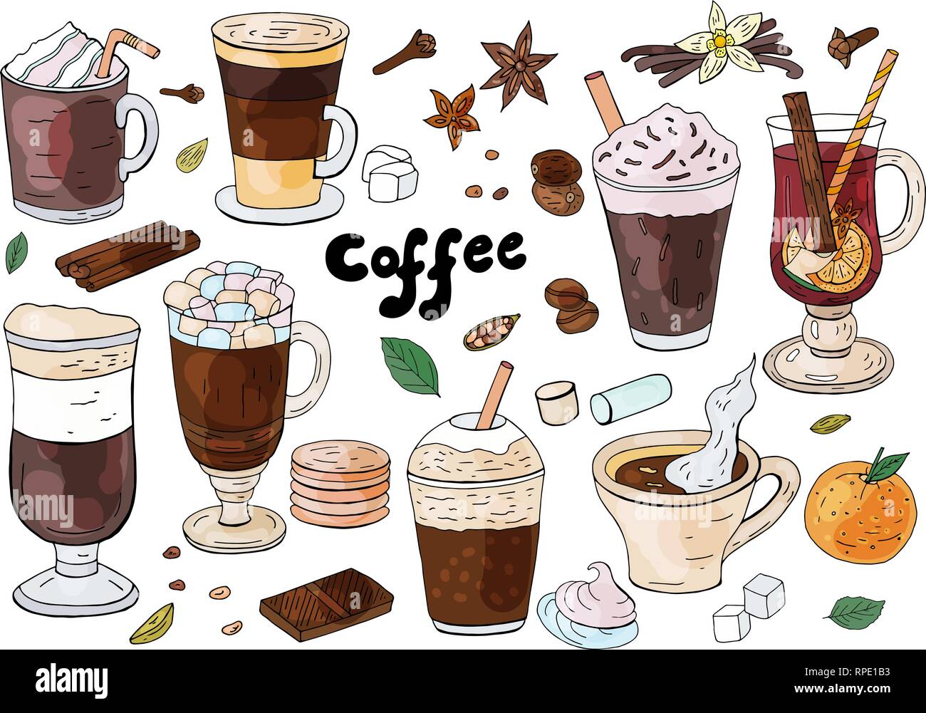 Satz von Hand gezeichnet verschiedene Arten von Kaffee auf dem weißen ...