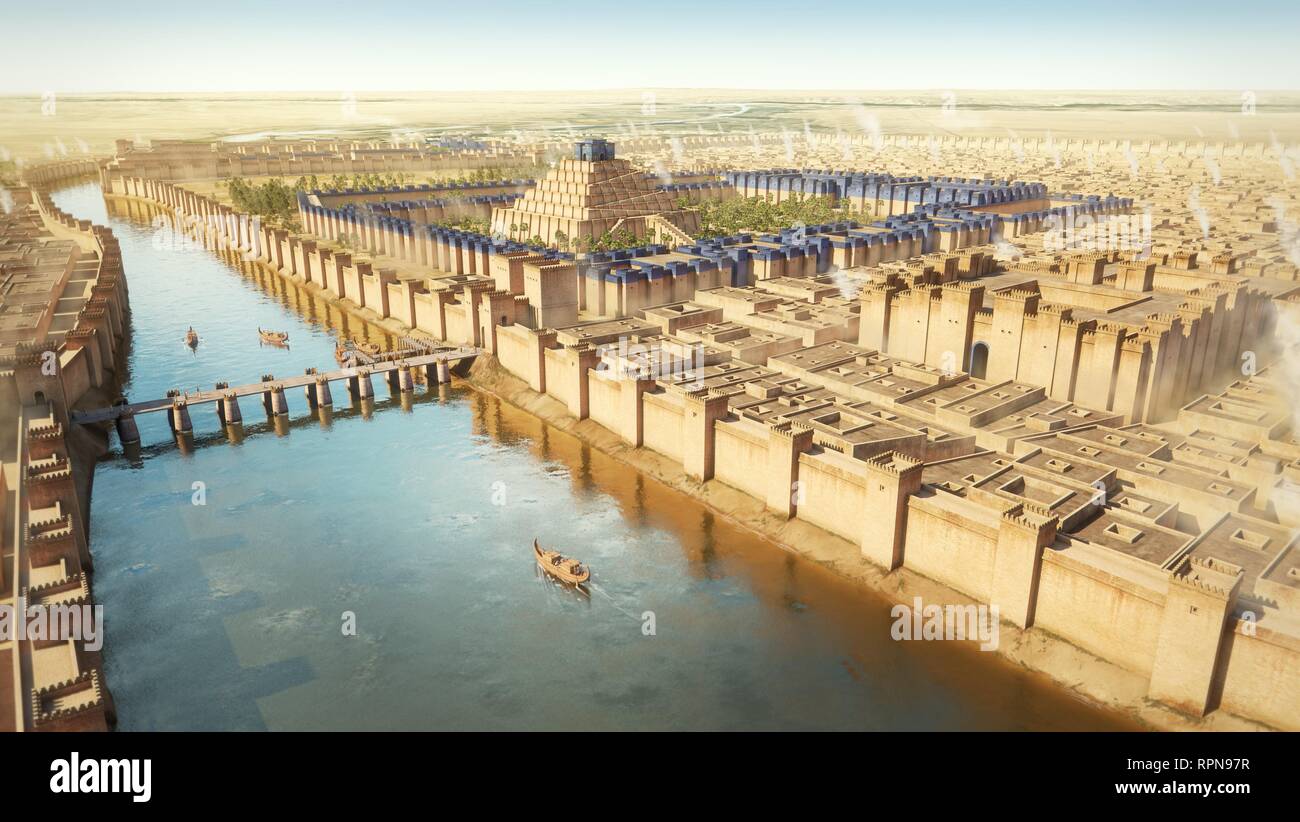 Blick auf Babylon 550 v. Chr.. Ideale Rekonstruktion von Babylon, die ...