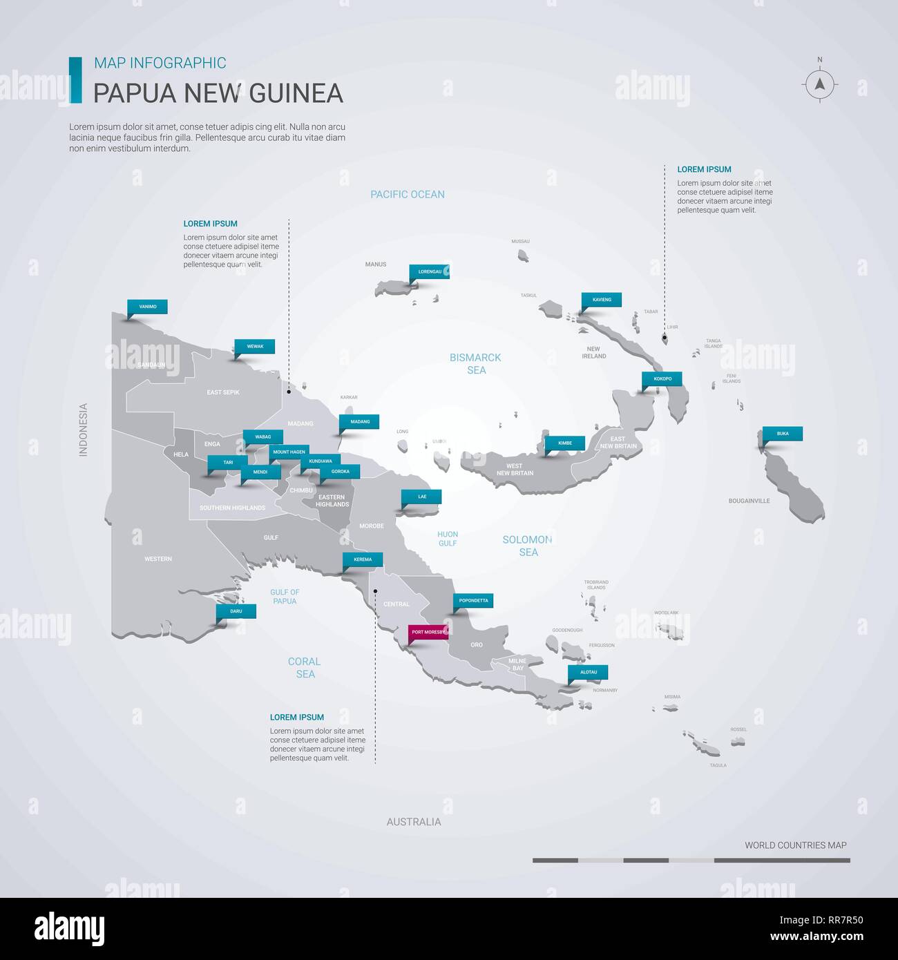 Papua-neuguinea Vektorkarte mit infografik Elemente, Zeiger markiert ...