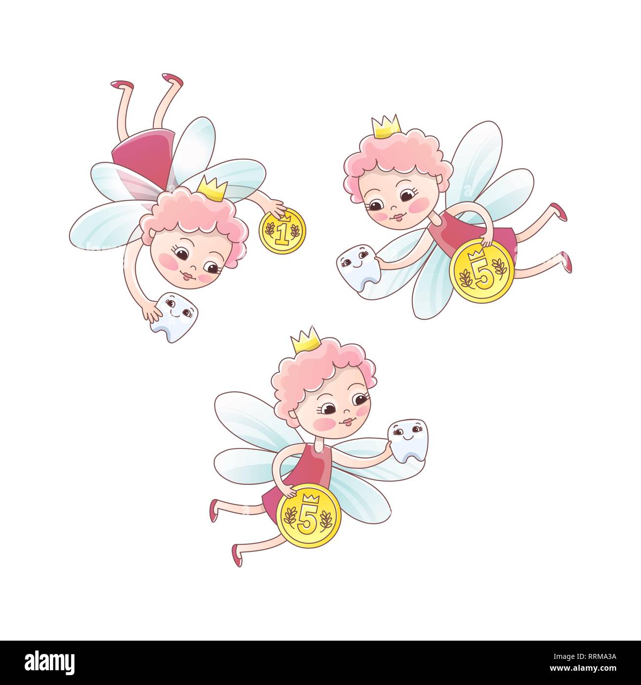 Zahnfee mit einem Baby Milch Zahn und Münze. Tooth fairy Girl fliegen ...