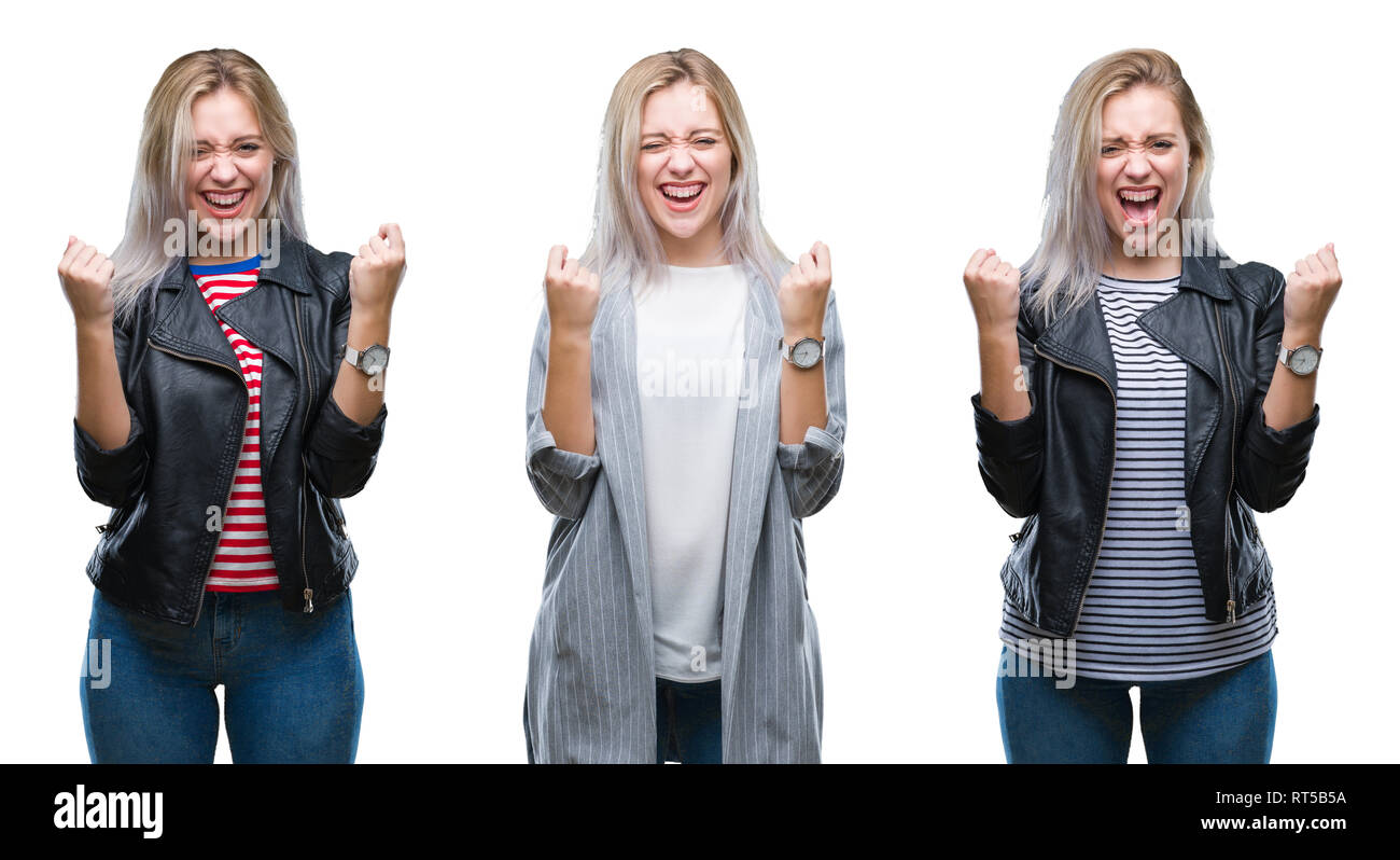 Collage der schöne blonde junge Frau trägt Jacke über isolierte ... Collage der schöne blonde junge Frau trägt Jacke über isolierte ...