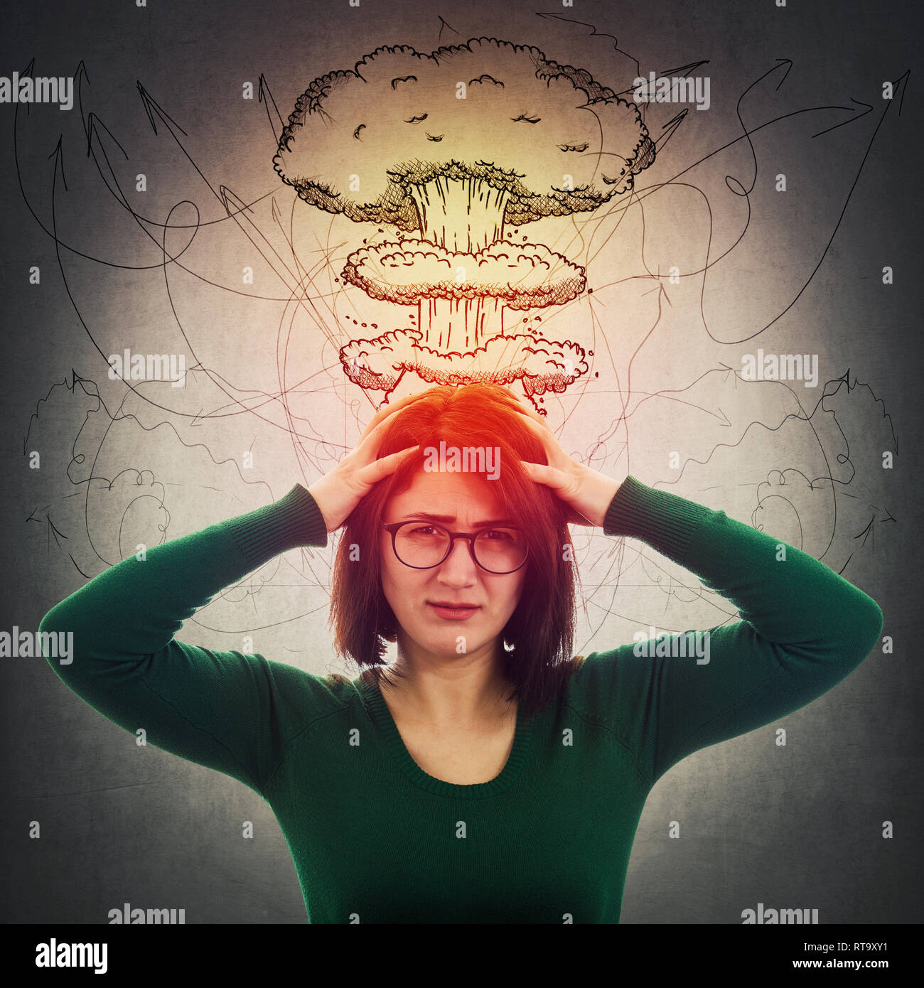 Verzweifelte Frau Kopf Explosion, psychische Probleme, Nervosität und ...