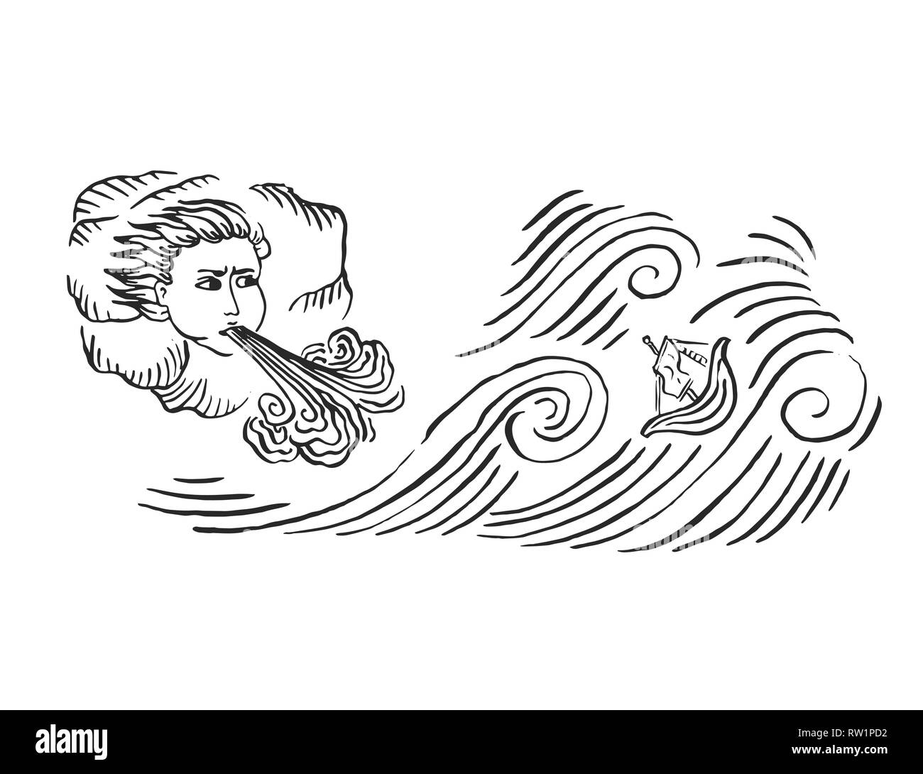 Mittelalterliche Kunst Meer Sturm Wind mit Wellen und Schiff ...
