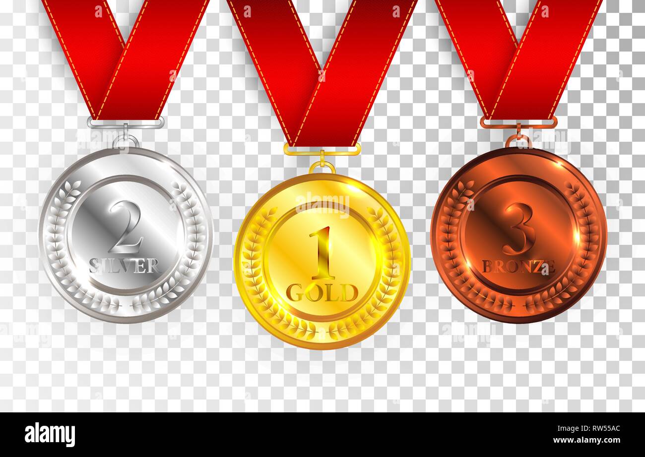 Satz von Gold, Silber und Bronze Award Medaillen mit roten Bändern. Medaille rund Leer poliert ...