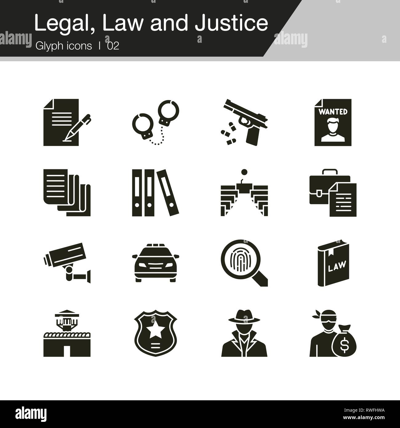 Recht, Gesetz und Gerechtigkeit Symbole. Glyphe Design. Für die ...