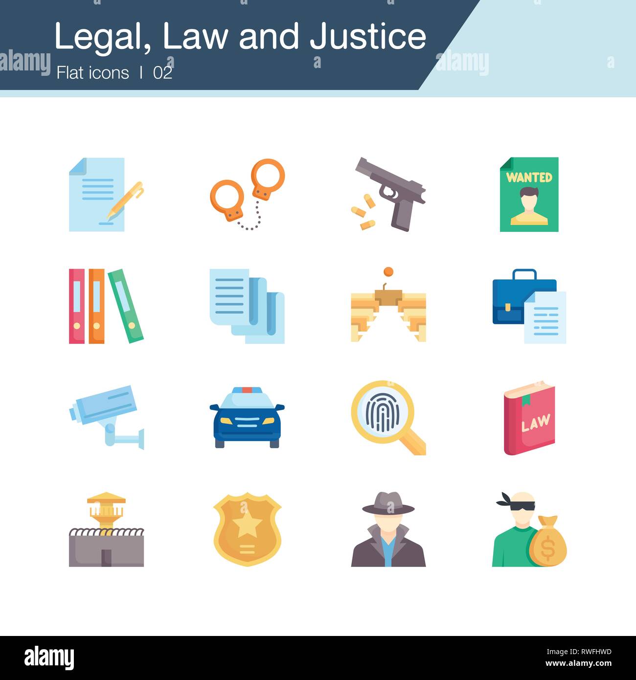 Recht, Gesetz und Gerechtigkeit Symbole. Flache Bauform. Für die ...