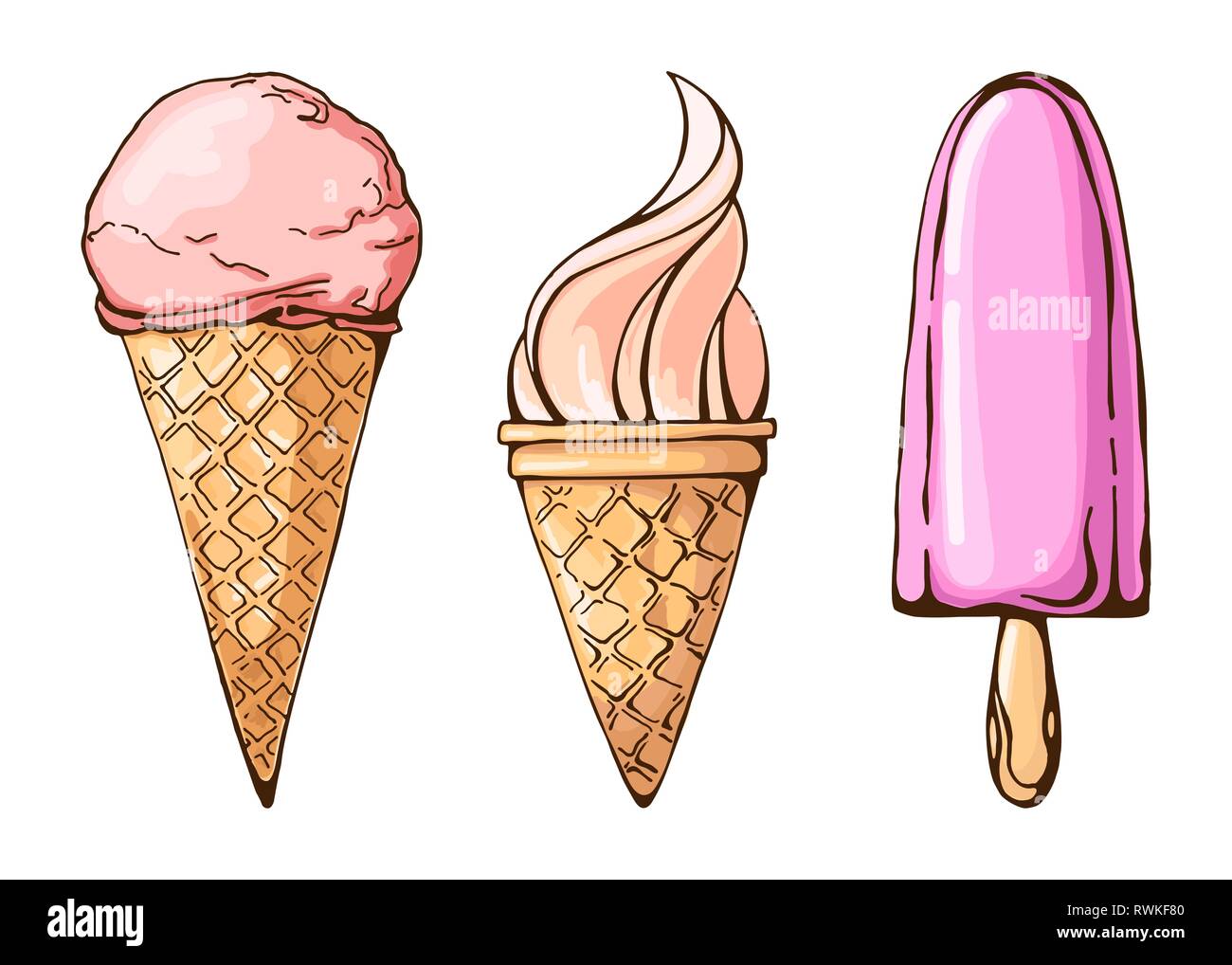 Farbe Skizze von Eis. Eine Reihe von verschiedenen Eis. Vektor Stock ...