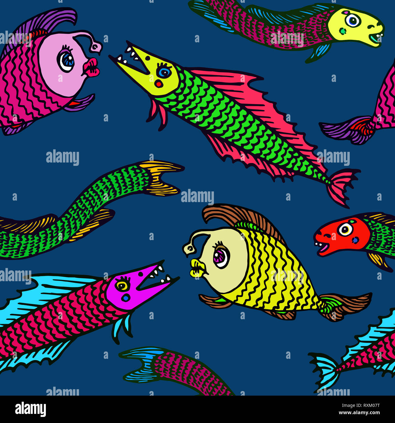 Lustig bunte Lophius piscatorius (Angler), Hecht, Aal Fische, Hand ...