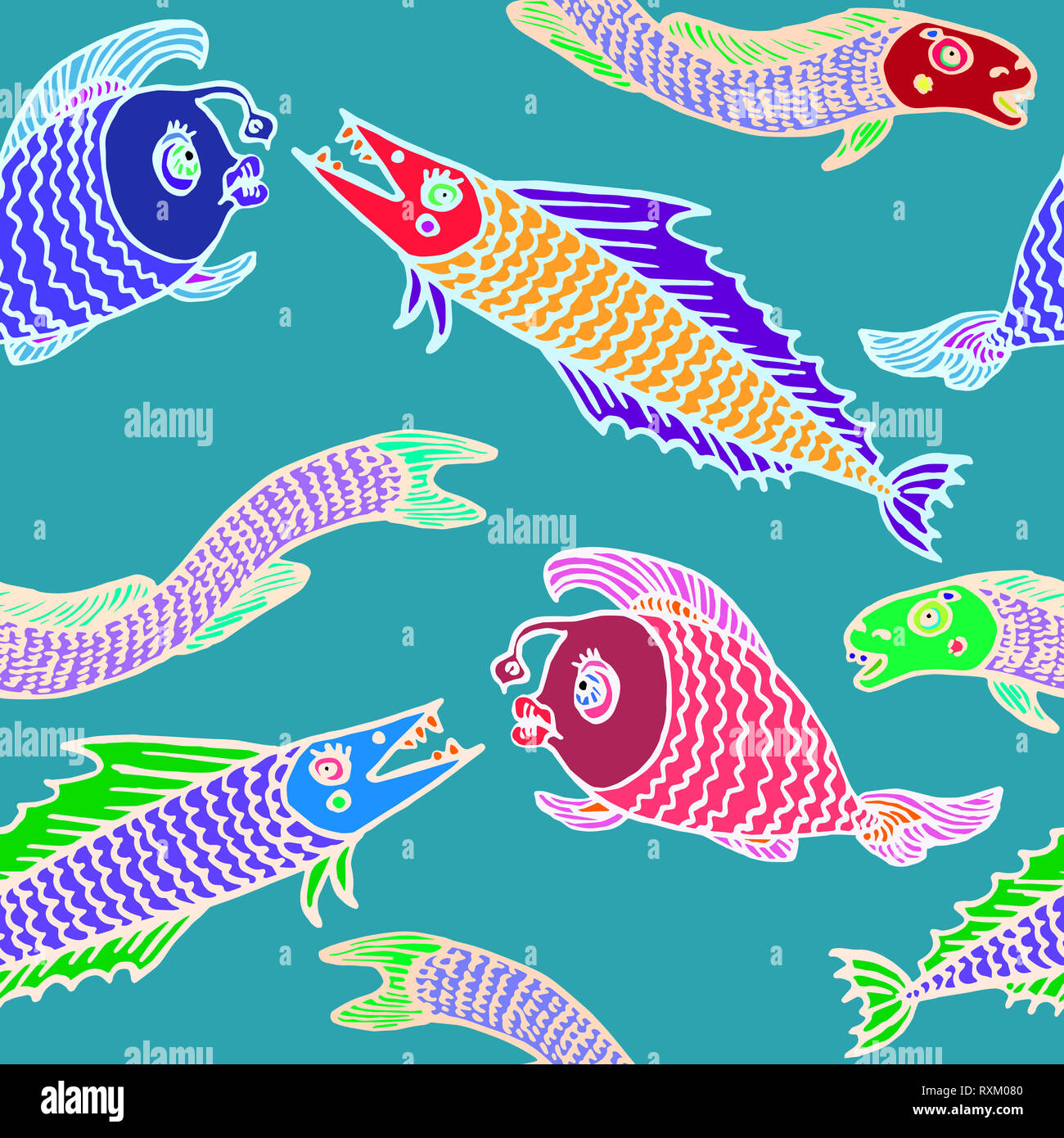 Lustig bunte Lophius piscatorius (Angler), Hecht, Aal Fische, Hand ...
